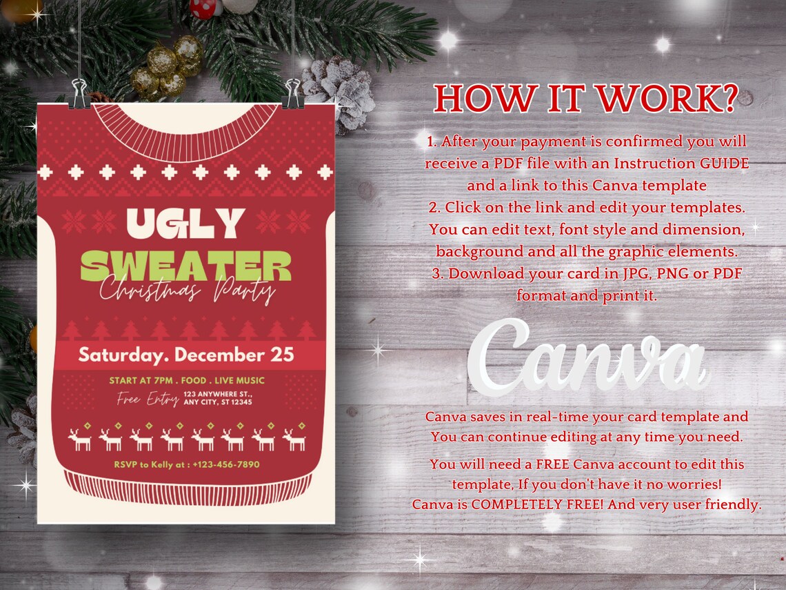 Editable Ugly Sweater Party Invitation Rustic Christmas Ugly Sweater ...