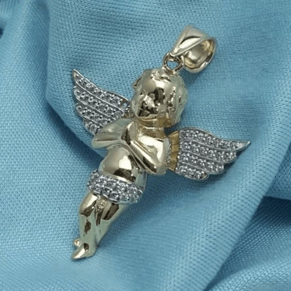14K solid yellow gold angel wings pendant with sparkl… - Gem