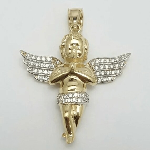 14K solid yellow gold angel wings pendant with sparkl… - Gem