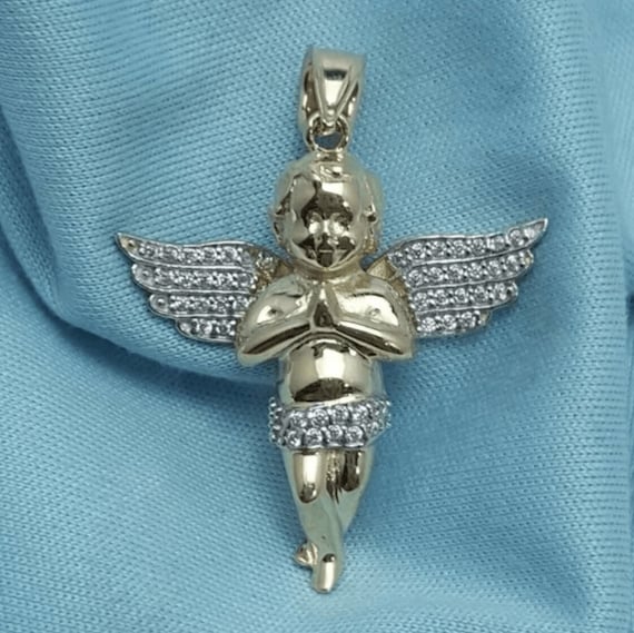 14K solid yellow gold angel wings pendant with sparkl… - Gem