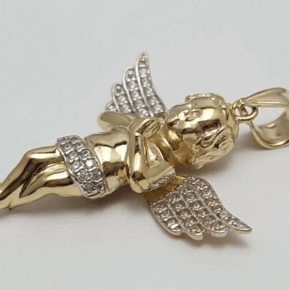 14K solid yellow gold angel wings pendant with sparkl… - Gem