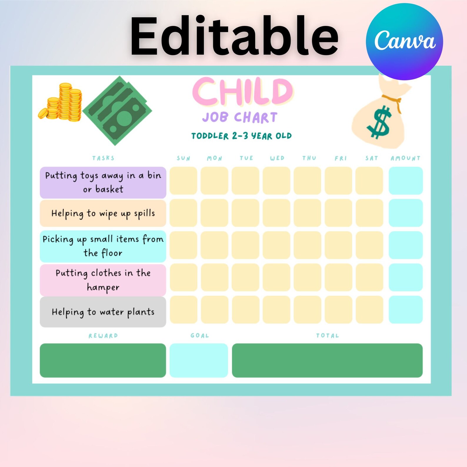 How to Earn Money Chore Toddler Chart, Editable Allowance Chore Chart ...