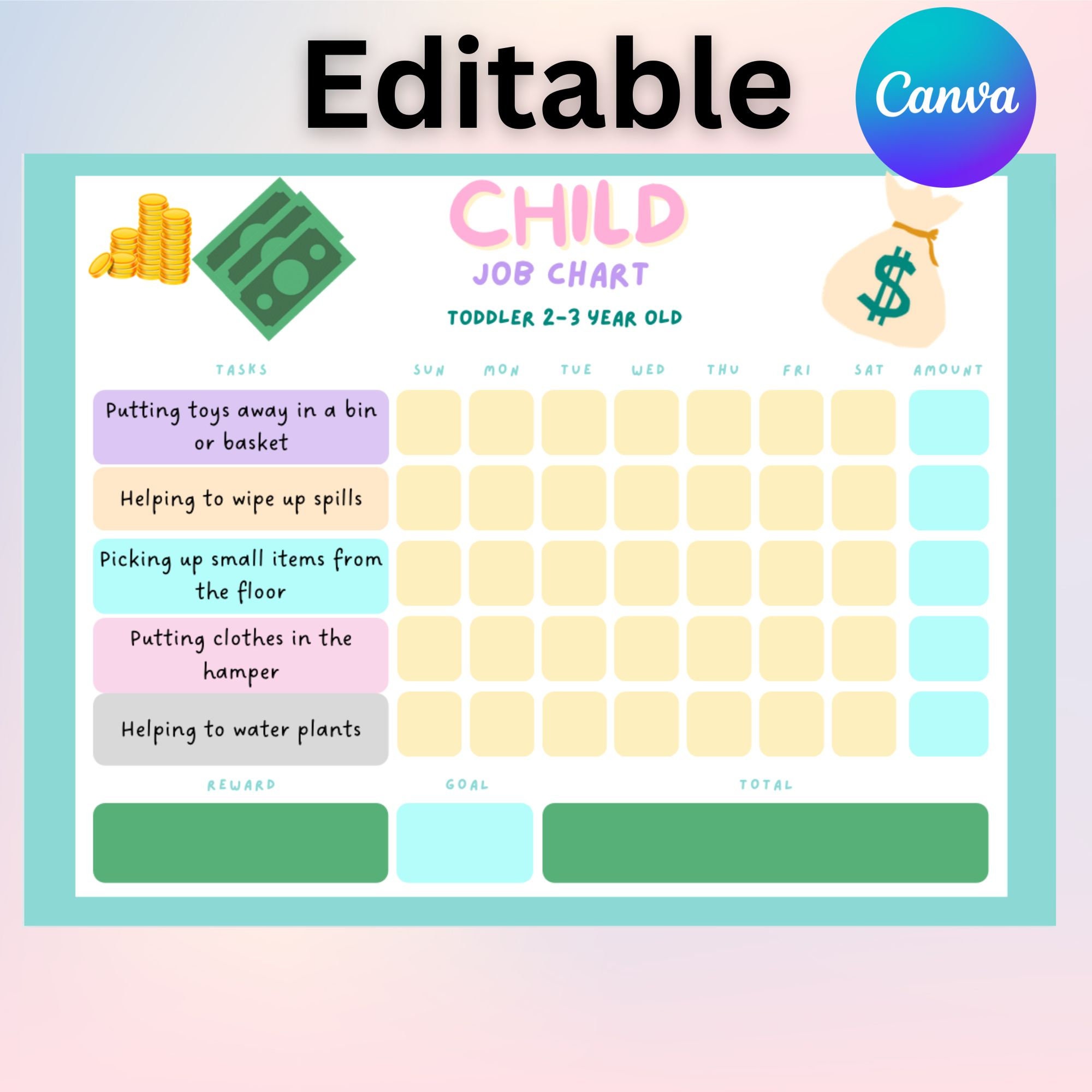 How to Earn Money Chore Toddler Chart, Editable Allowance Chore Chart ...