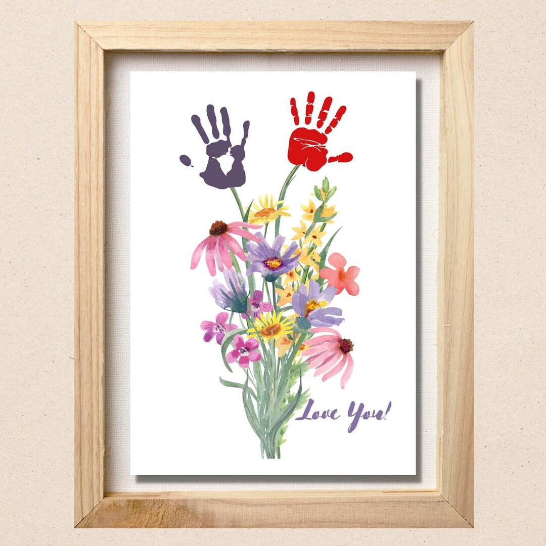 Flower Bouquet Hand and Foot Print Wall Art, Printable for Mom, Dad ...