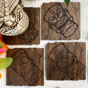 Tiki Coaster Set of 4 Premium Solid Walnut Wood, A Unique Gift for a ...