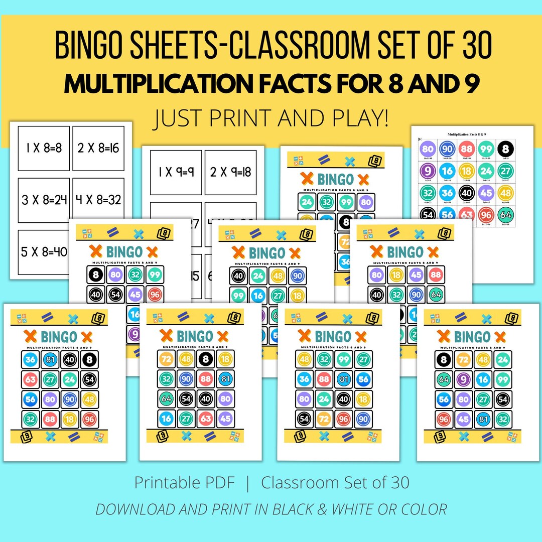 Multiplication Bingo, Math Facts 8 and 9, Bingo Math Game ...