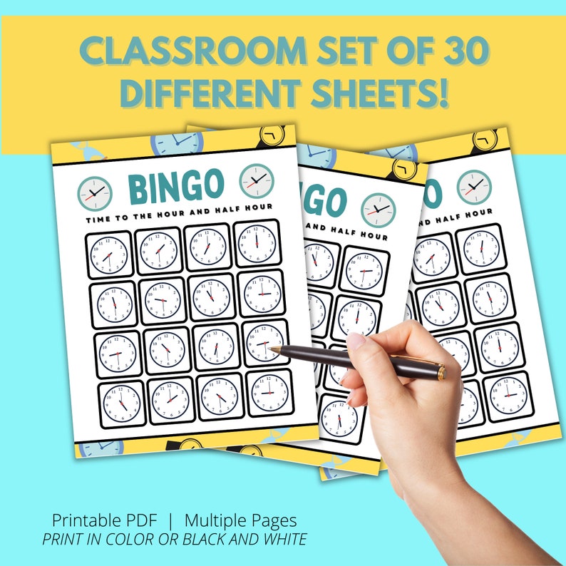 Bingo Sheets: Time to the Hour and Half Hour, Telling Time Bingo Cards ...