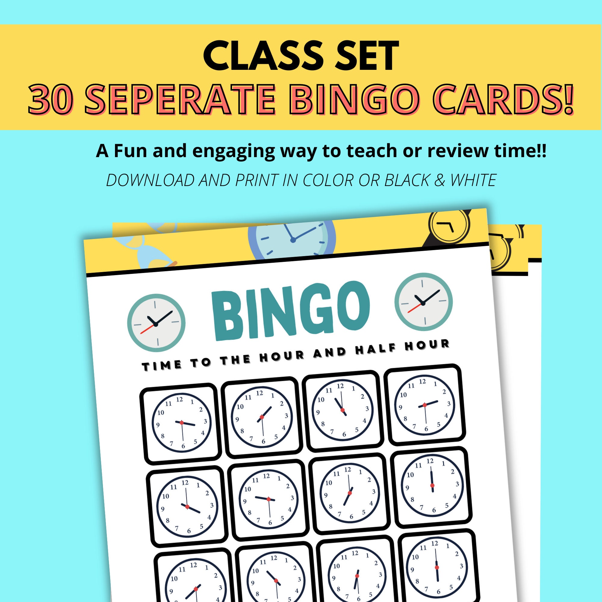 Bingo Sheets: Time to the Hour and Half Hour, Telling Time Bingo Cards ...