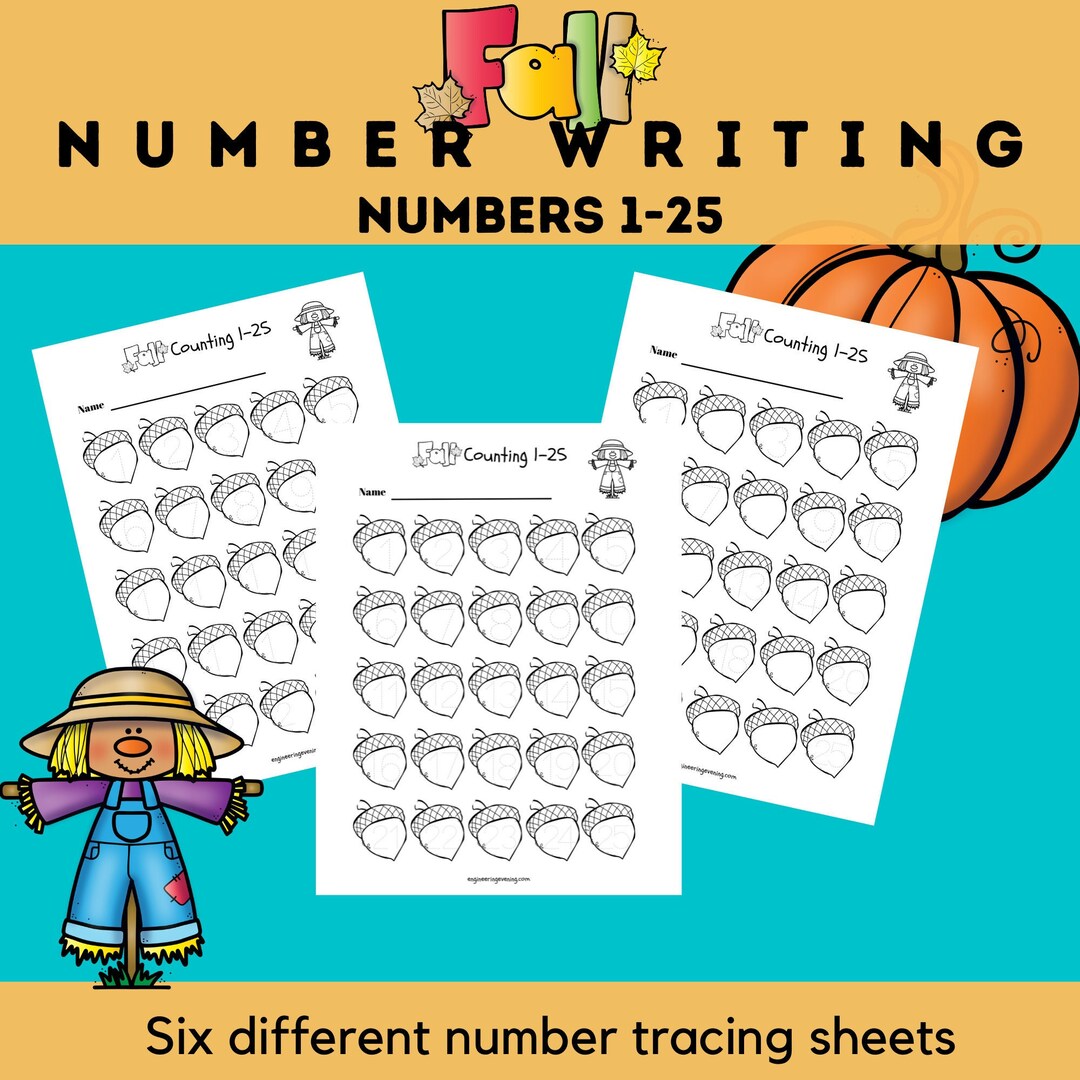 Fall Number Tracing Worksheet Numbers 1-25 Missing Number - Etsy Australia