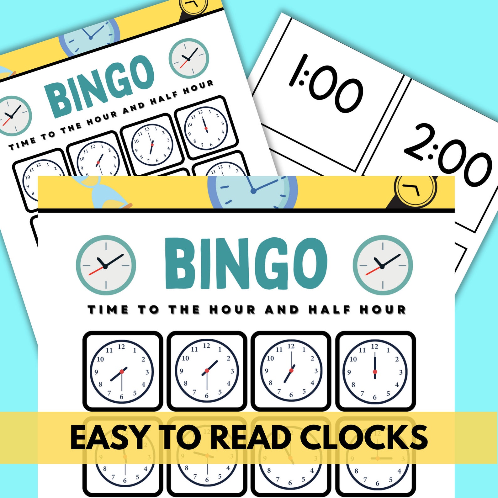Bingo Sheets: Time to the Hour and Half Hour, Telling Time Bingo Cards ...