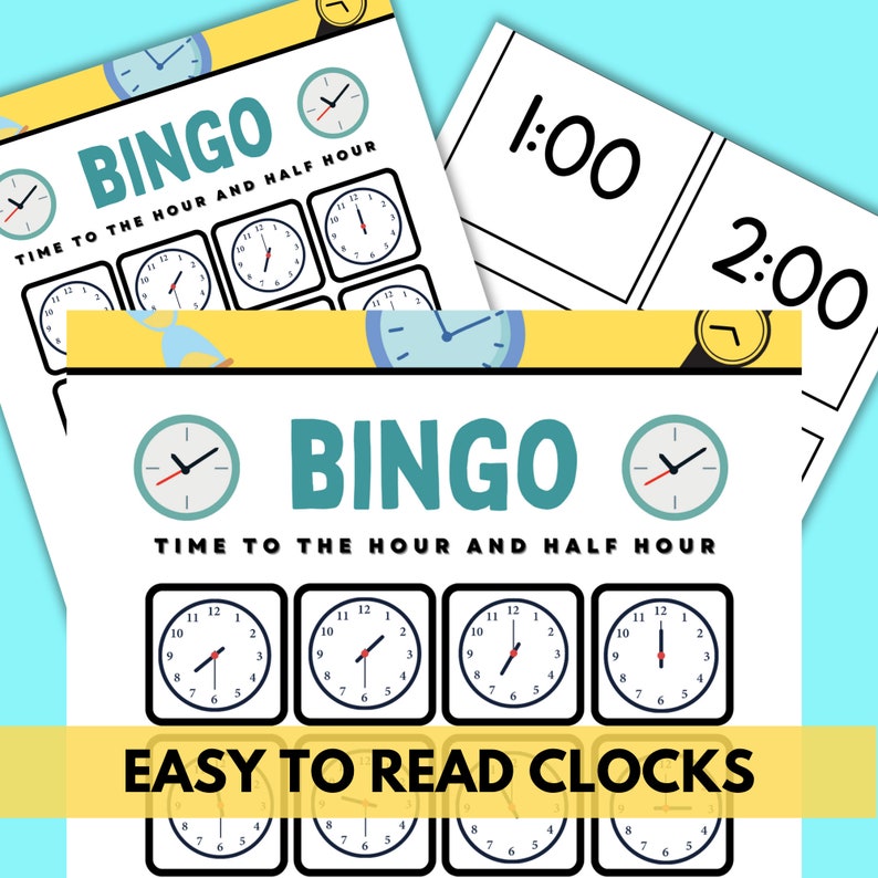 Bingo Sheets: Time to the Hour and Half Hour, Telling Time Bingo Cards ...