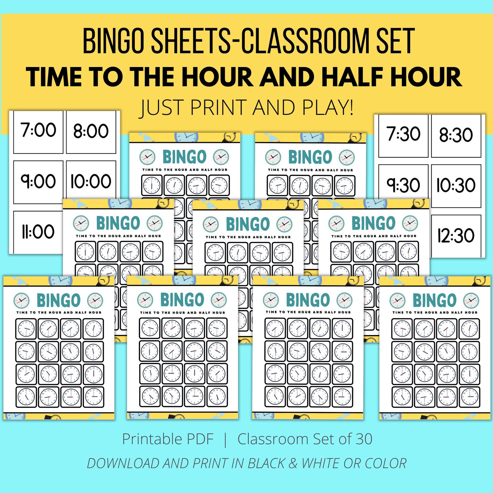 Bingo Sheets: Time to the Hour and Half Hour, Telling Time Bingo Cards ...