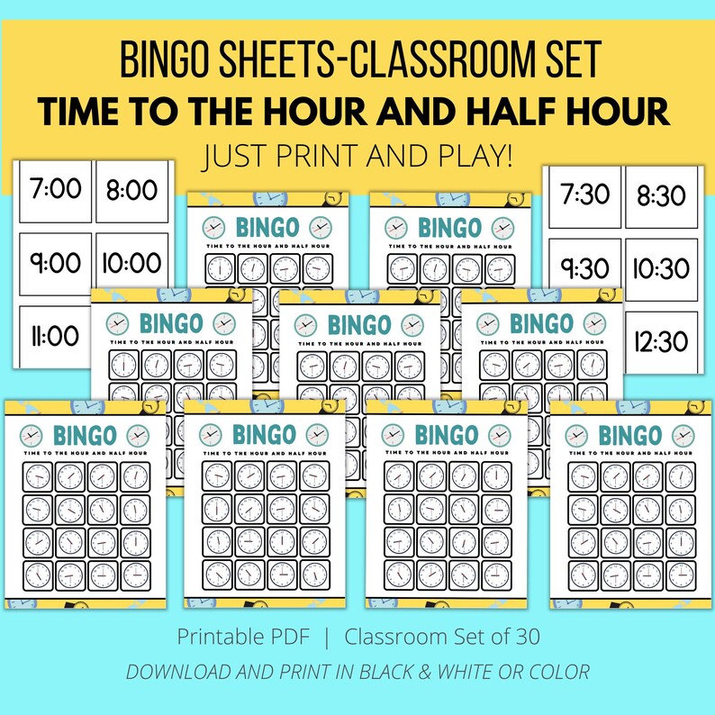 Bingo Sheets: Time to the Hour and Half Hour, Telling Time Bingo Cards ...