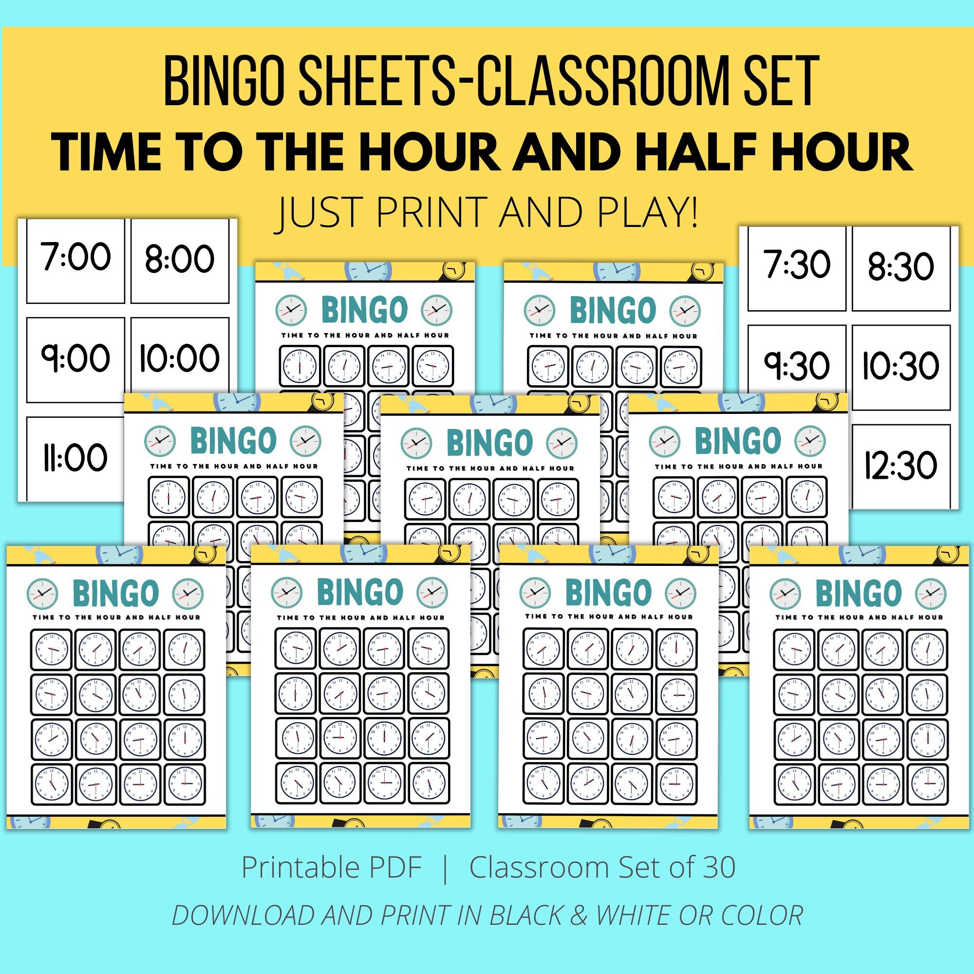 Bingo Sheets: Time to the Hour and Half Hour, Telling Time Bingo Cards ...