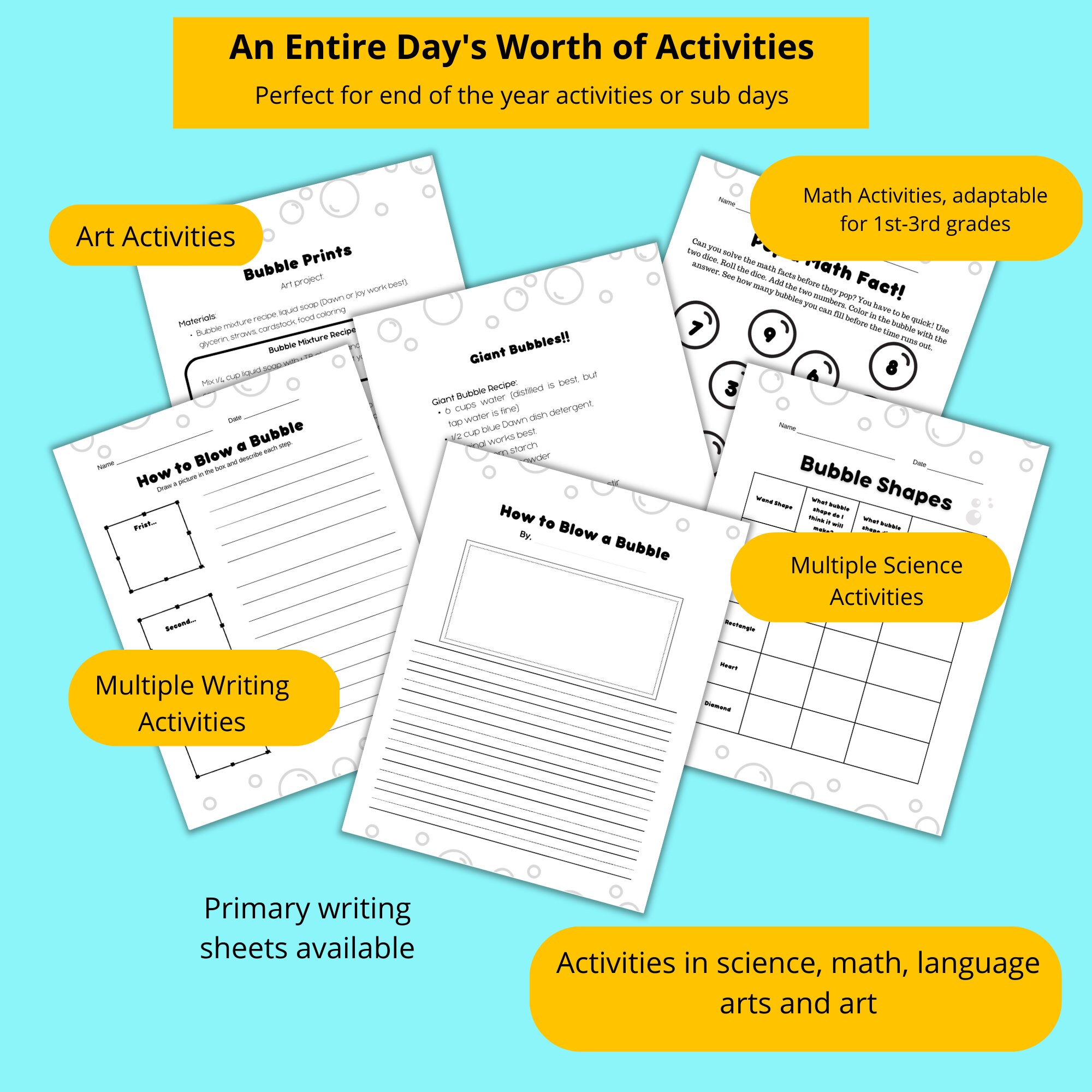 1st-3rd Grade Bubble Theme Day Lesson Bundle, Bubble Activities in ...