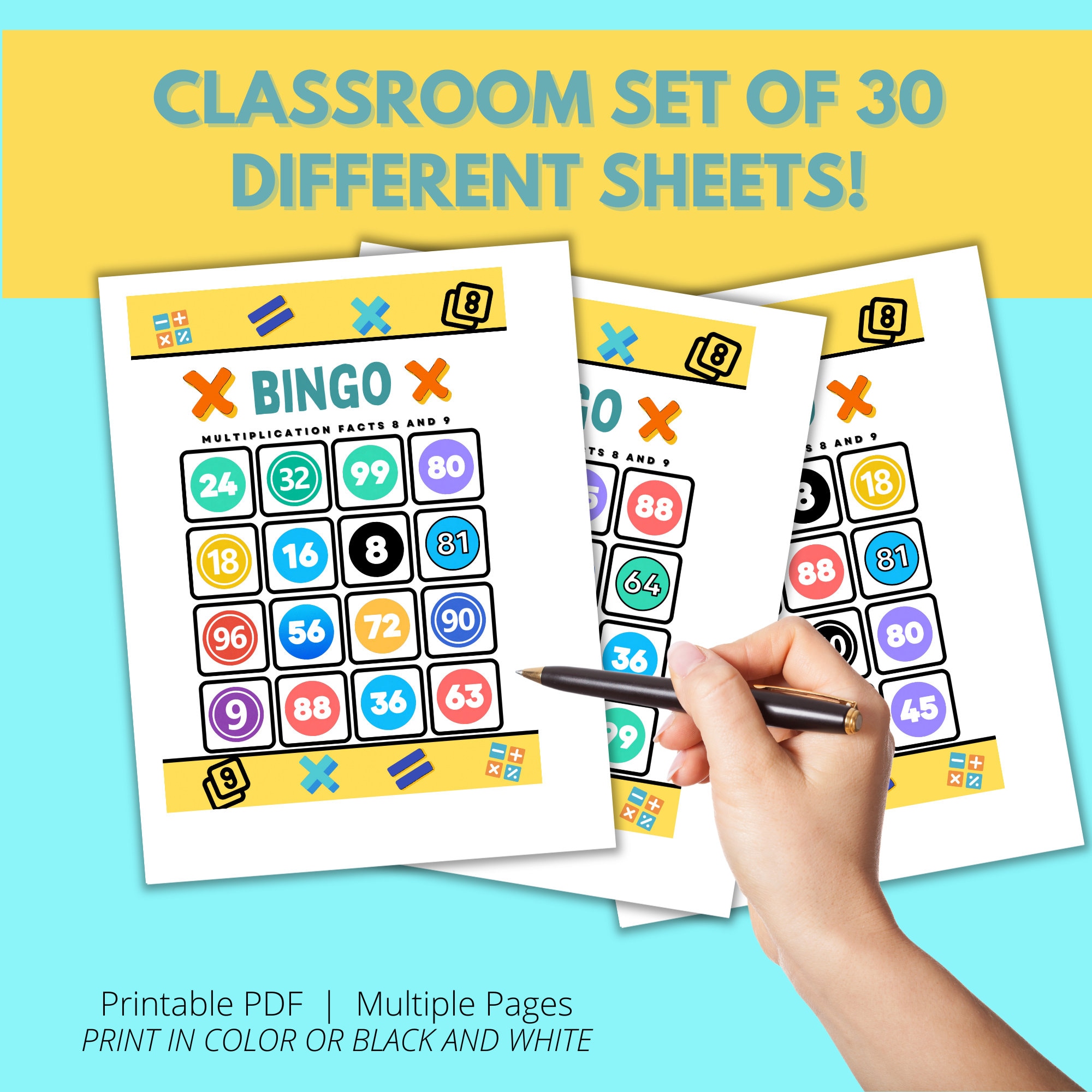 Multiplication Bingo, Math Facts 8 and 9, Bingo Math Game ...