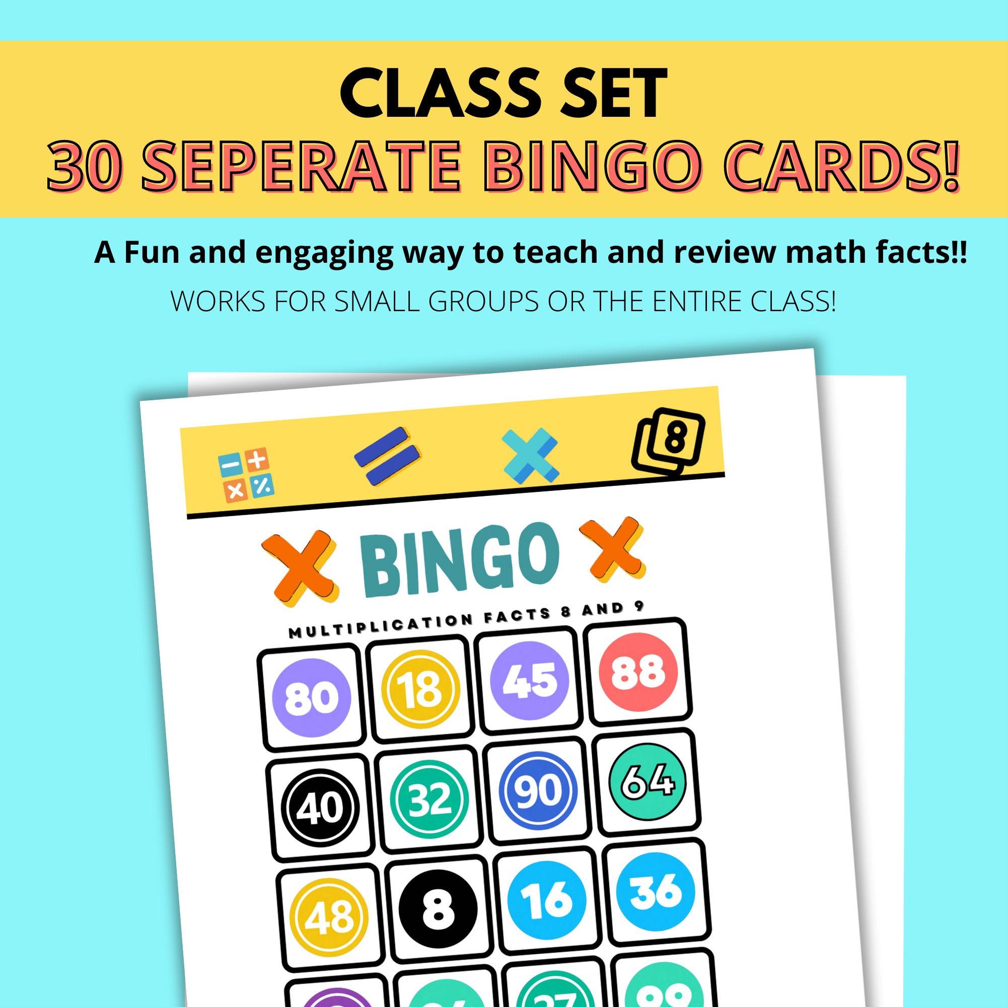 Multiplication Bingo, Math Facts 8 and 9, Bingo Math Game ...