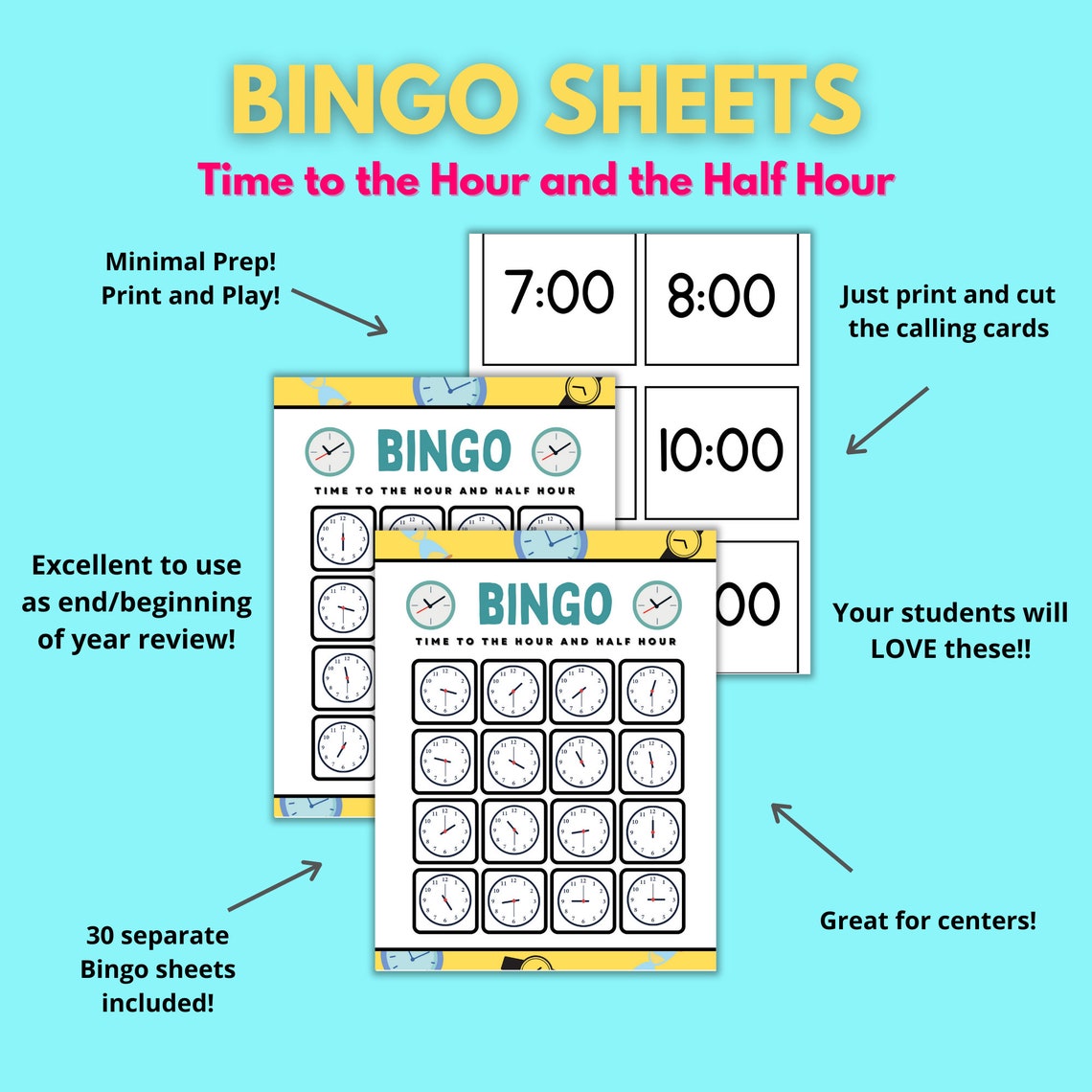 Bingo Sheets: Time to the Hour and Half Hour, Telling Time Bingo Cards ...