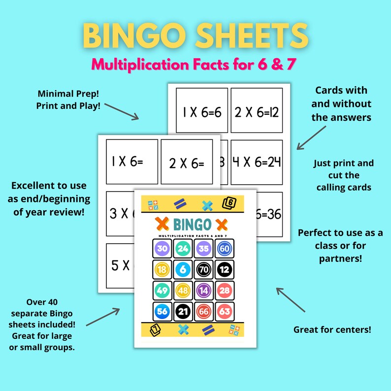 Multiplication Bingo, Multiplication Facts 6 and 7, Math Games, 3rd ...