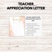 Teacher Appreciation Letter, Teacher Thank You Note, End of Year Letter ...