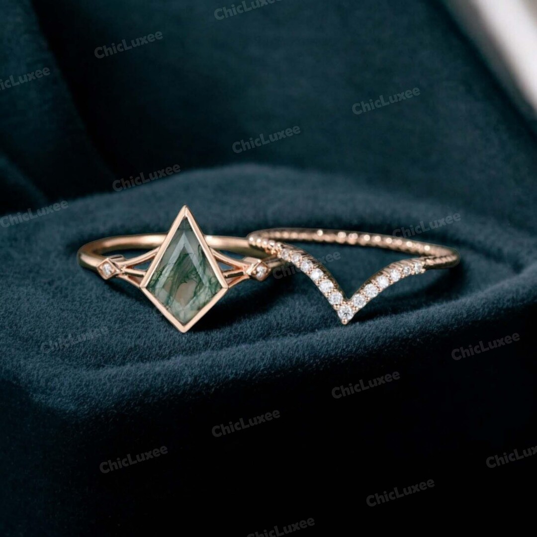 Vintage Kite Cut Green Moss Agate Engagement Ring Set, 14k Rose Gold Moissanite Ring for Women ...