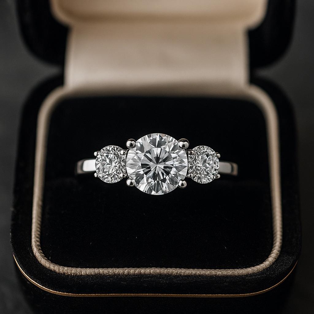 Three Stone Trilogy Ring, Trellis Setting 3 Stone Round Cut Moissanite ...