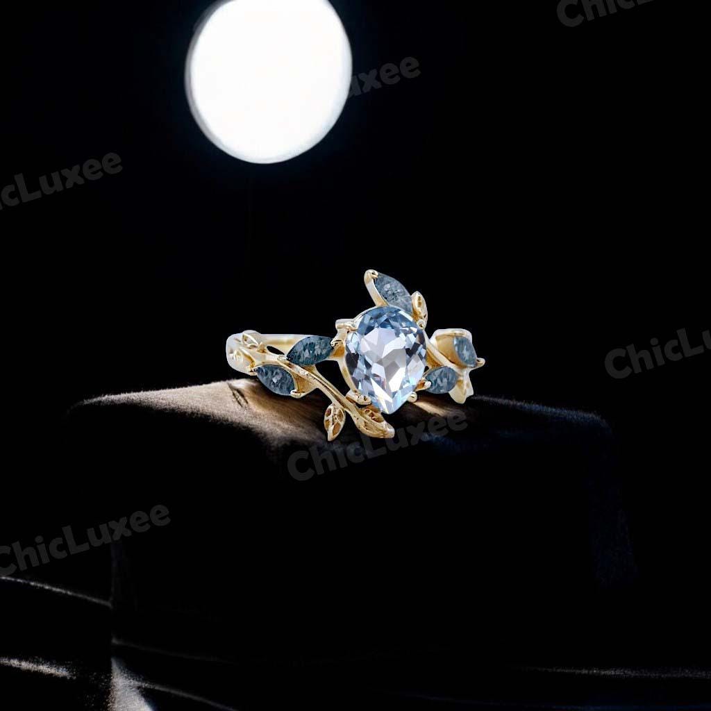 Blue Sapphire Nature Ring, Gold Leaf Engagement Ring, Pear Cut Promise ...