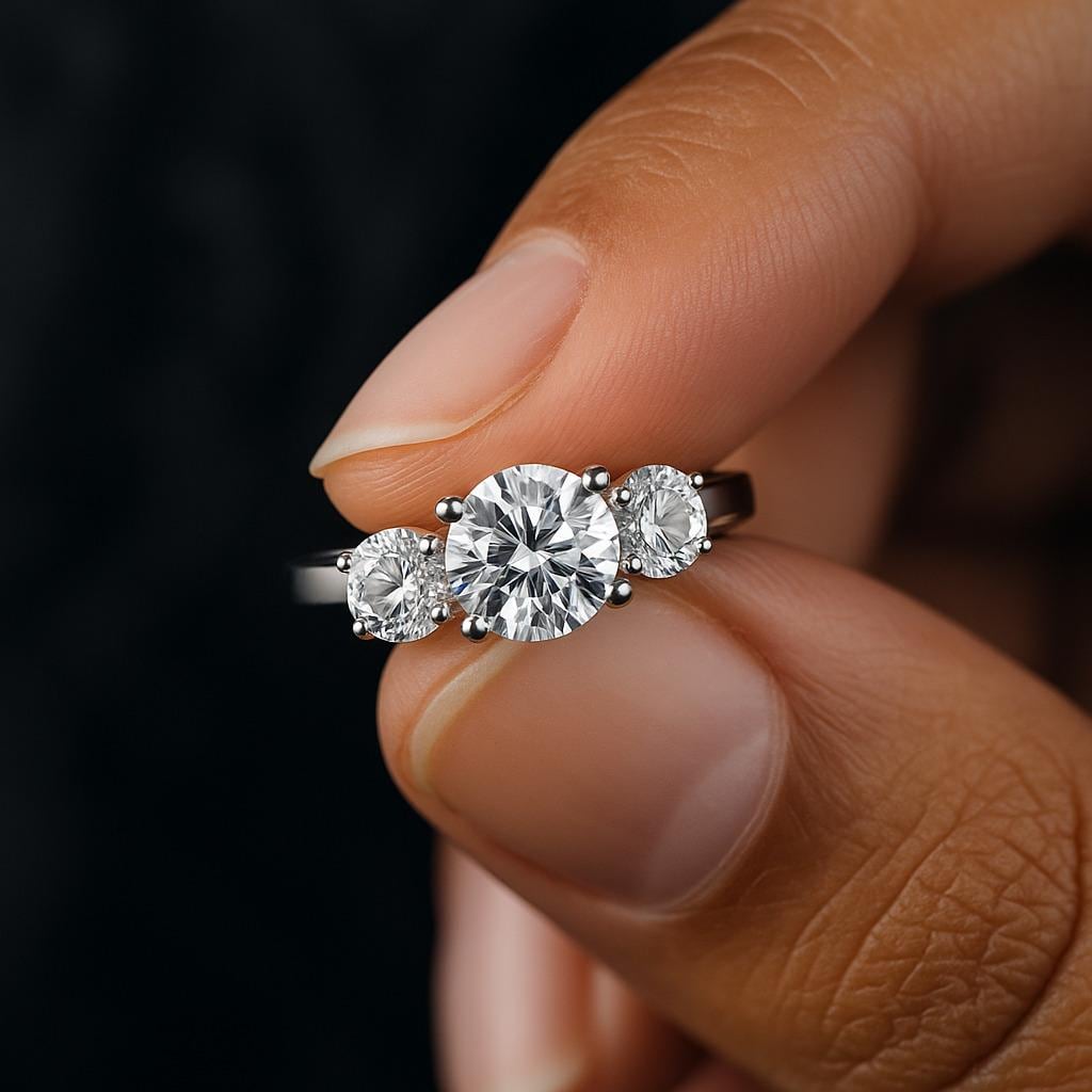 Three Stone Trilogy Ring, Trellis Setting 3 Stone Round Cut Moissanite ...