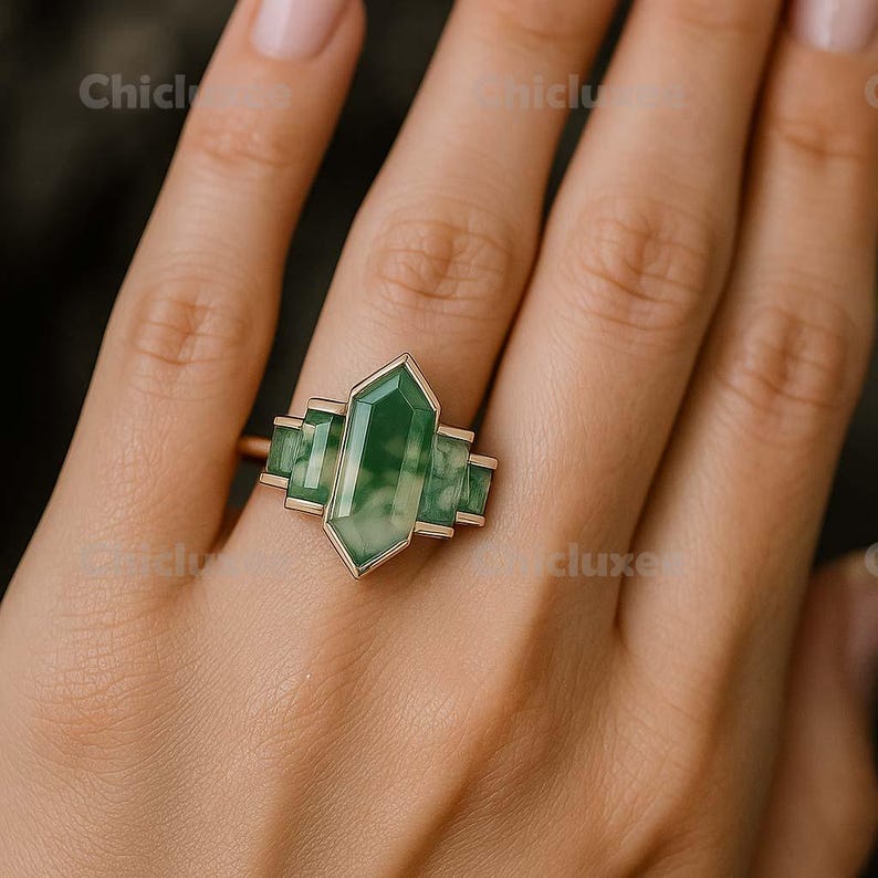 Elongated Long Hexagon Cut Moss Agate Engagement Ring, Handmade Solid ...