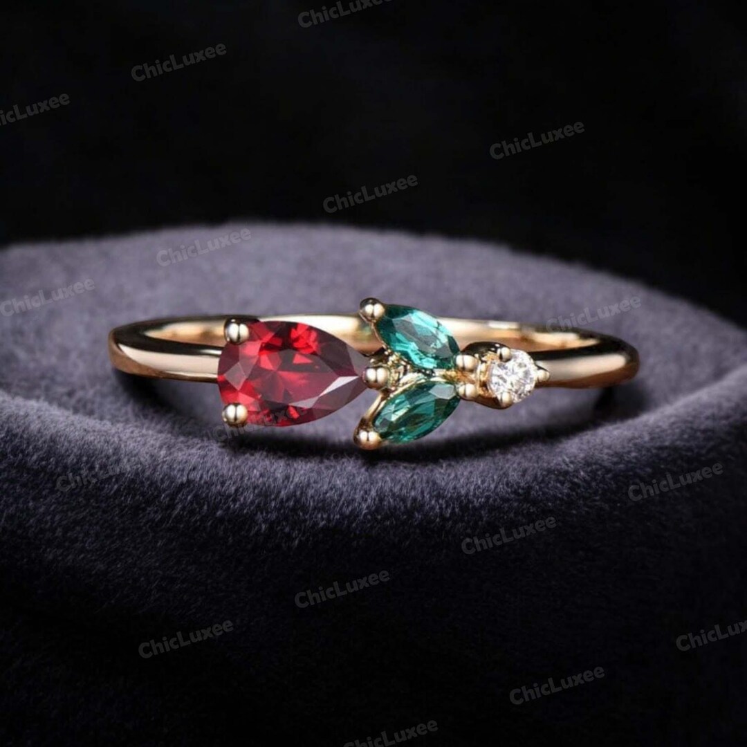 Delicate Red Garnet Engagement Ring, 14k Solid Gold Hand Made Art Deco Pear Ruby & Emerald Ring ...