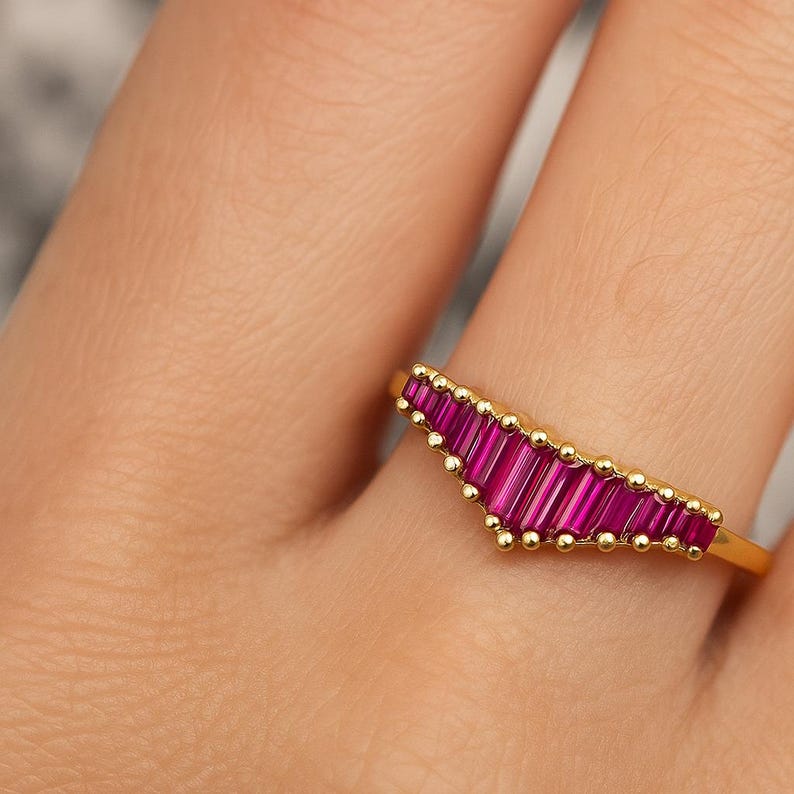 Ruby Wedding Band Baguette Cut Gemstone Jewelry 14K Yellow Gold Half ...