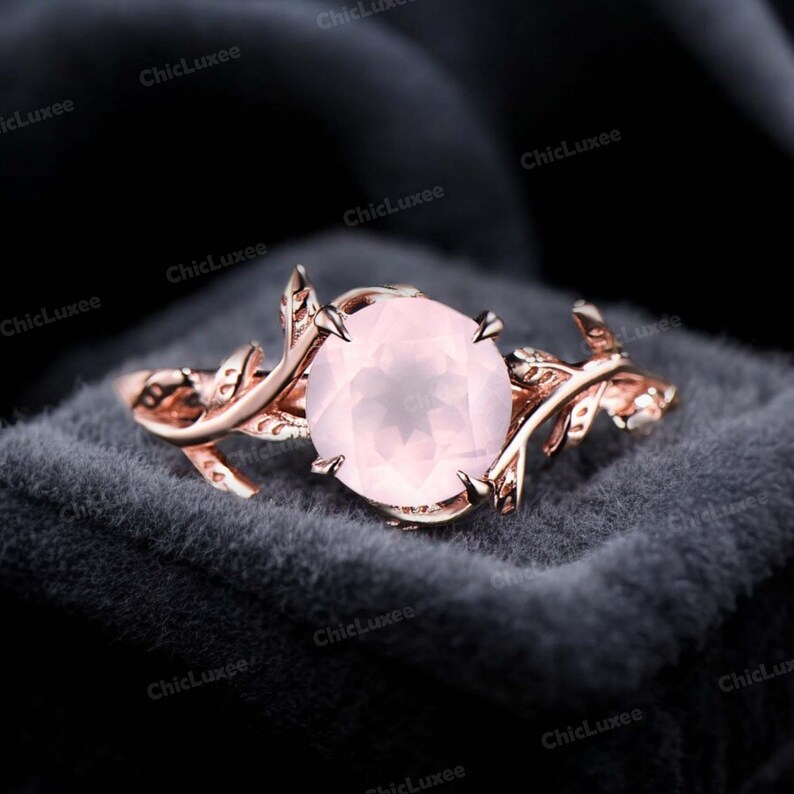 Leaf Pink Rose Quartz Ring Rose Gold Simple Engagement Rings Round Cut ...