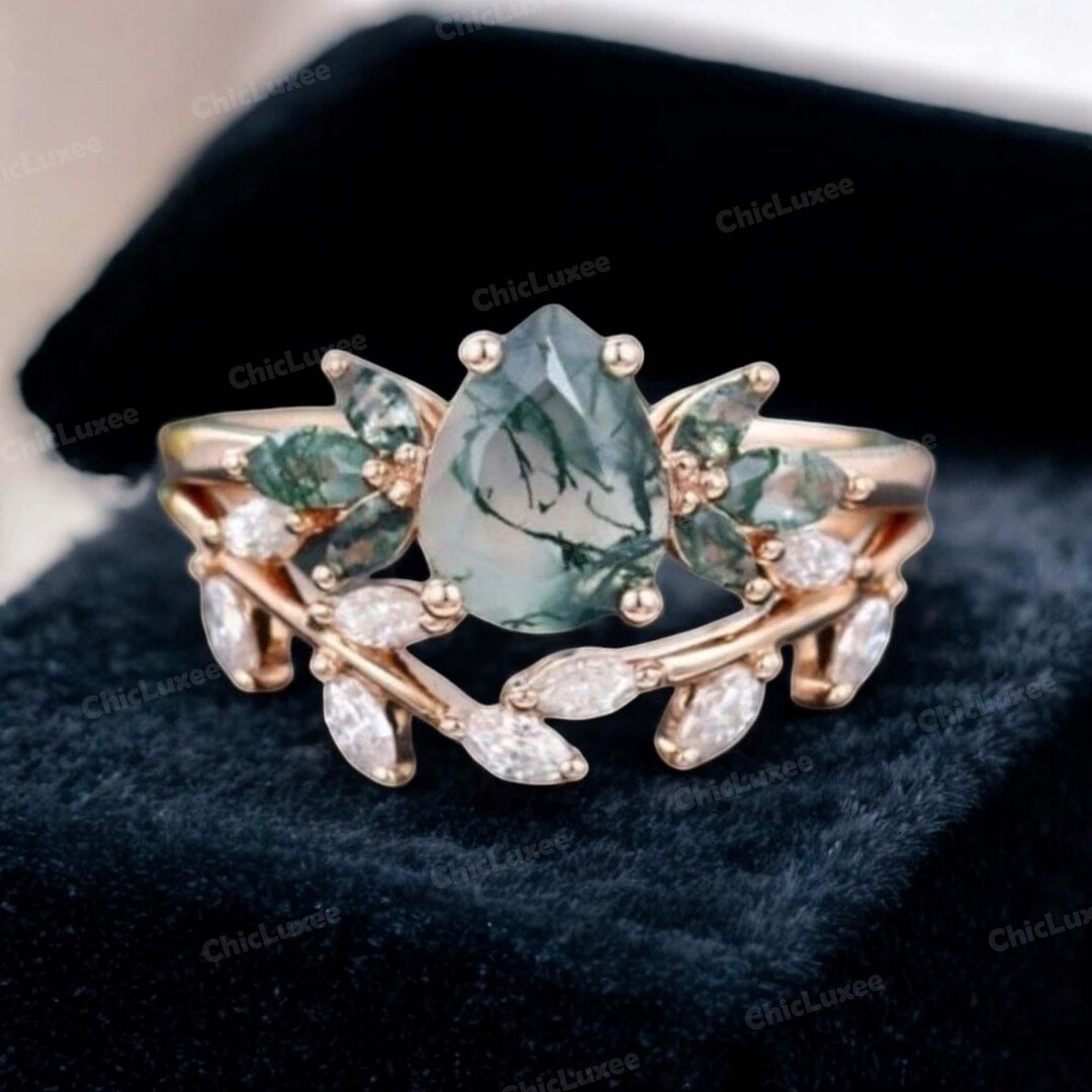 Teardrop Cut Moss Agate Engagement Ring Set Vintage Rose Gold Moissanite Ring Leaf Marquise ...