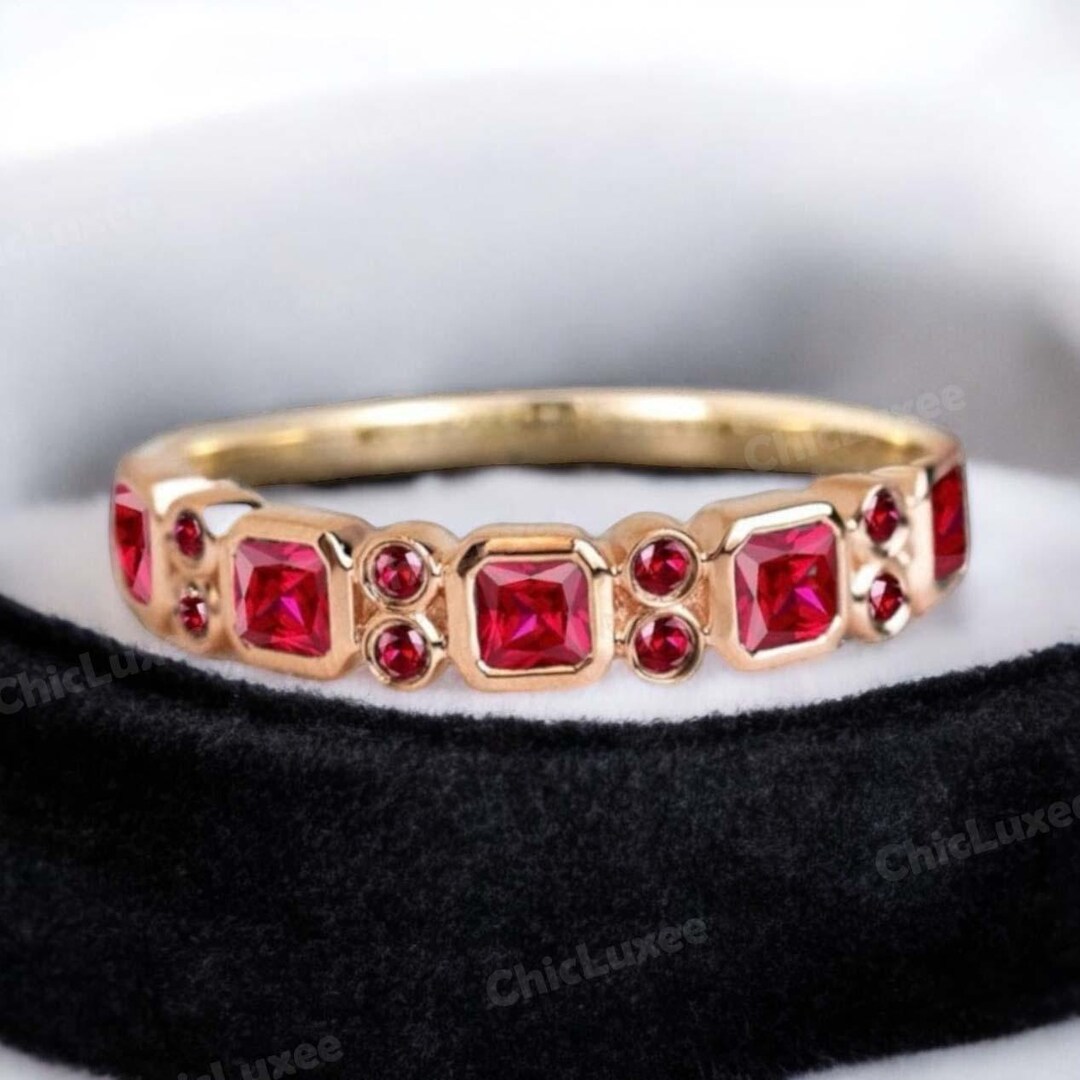 14k Yellow Gold Ruby Ring, Princess-cut Ruby Ring, Bezel Setting Band ...