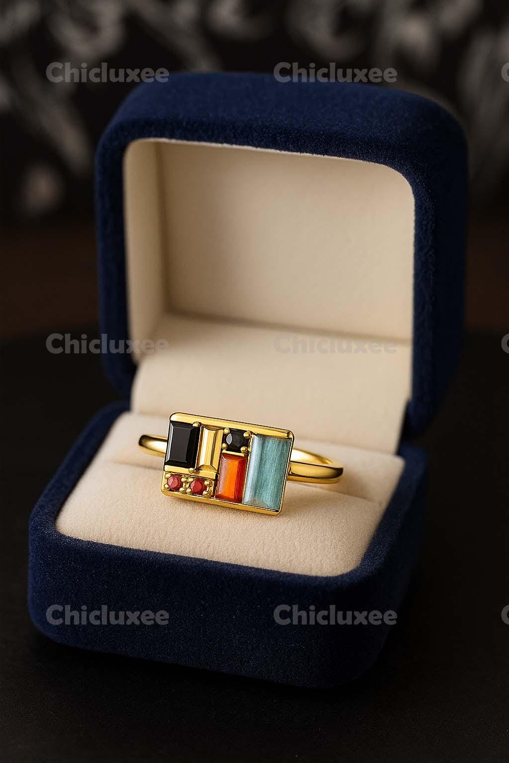 Vintage Multi Gemstone Box Ring, 14K Solid Gold Baguette Labradorite ...