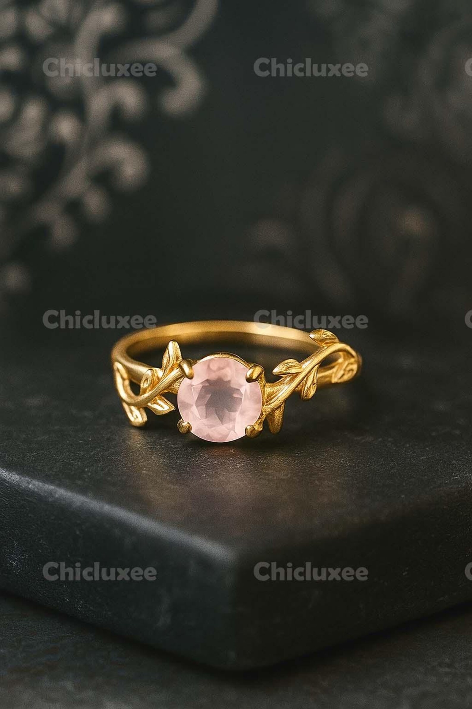 Leaf Pink Rose Quartz Ring Rose Gold Simple Engagement Rings Round Cut ...