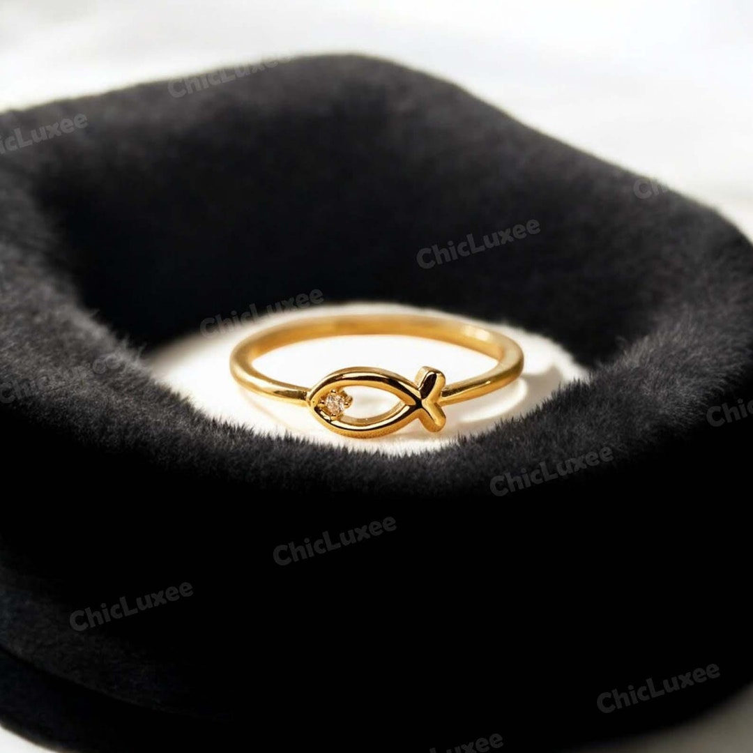 Diamond Fish Ring / 14K Gold Diamond Ichthys Fish Ring / Gold ...