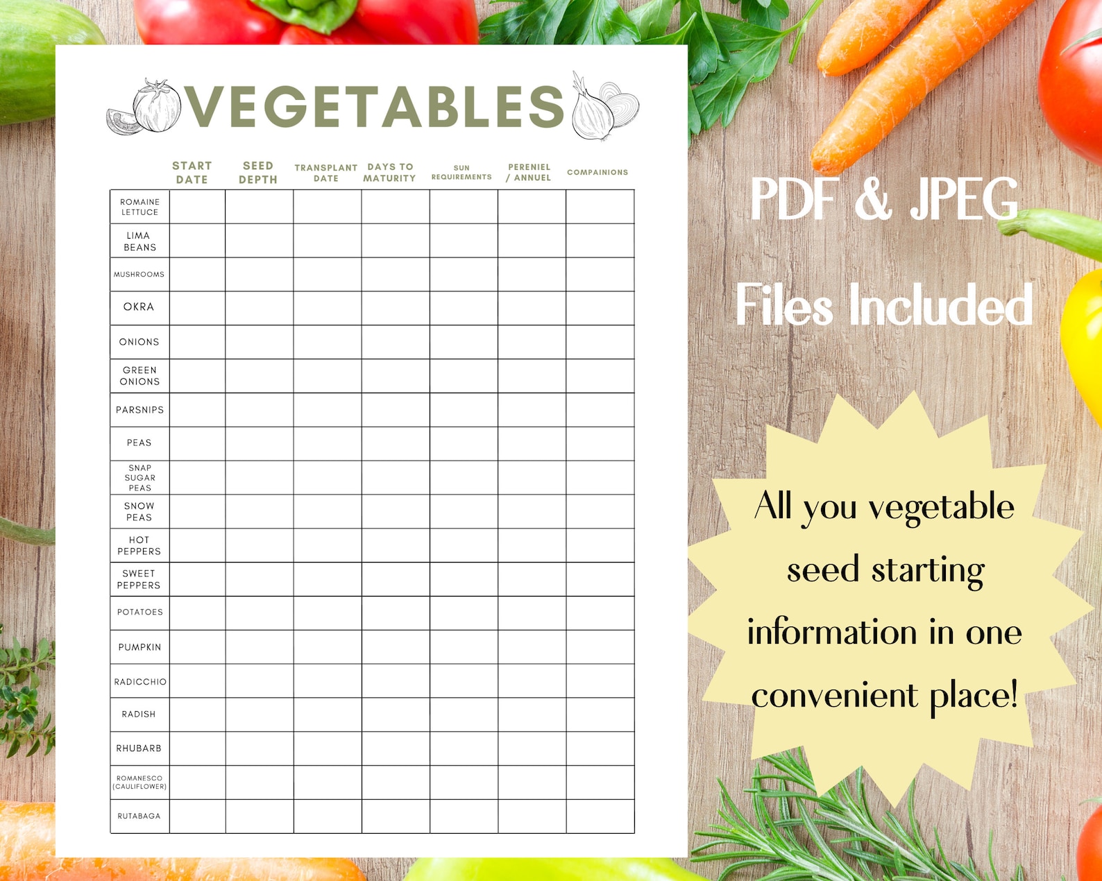 Vegetable Seed Log Starting Cheat Sheet Guide Veggie Garden Planner ...