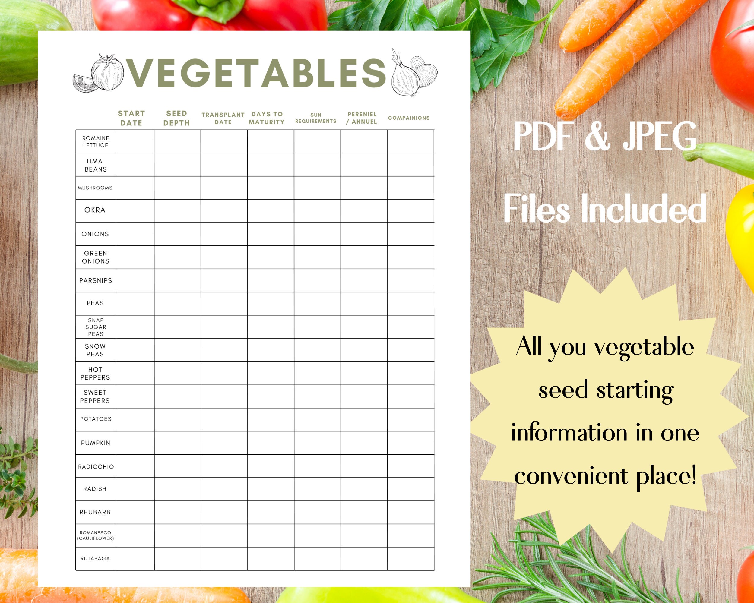 Vegetable Seed Log Starting Cheat Sheet Guide Veggie Garden Planner ...