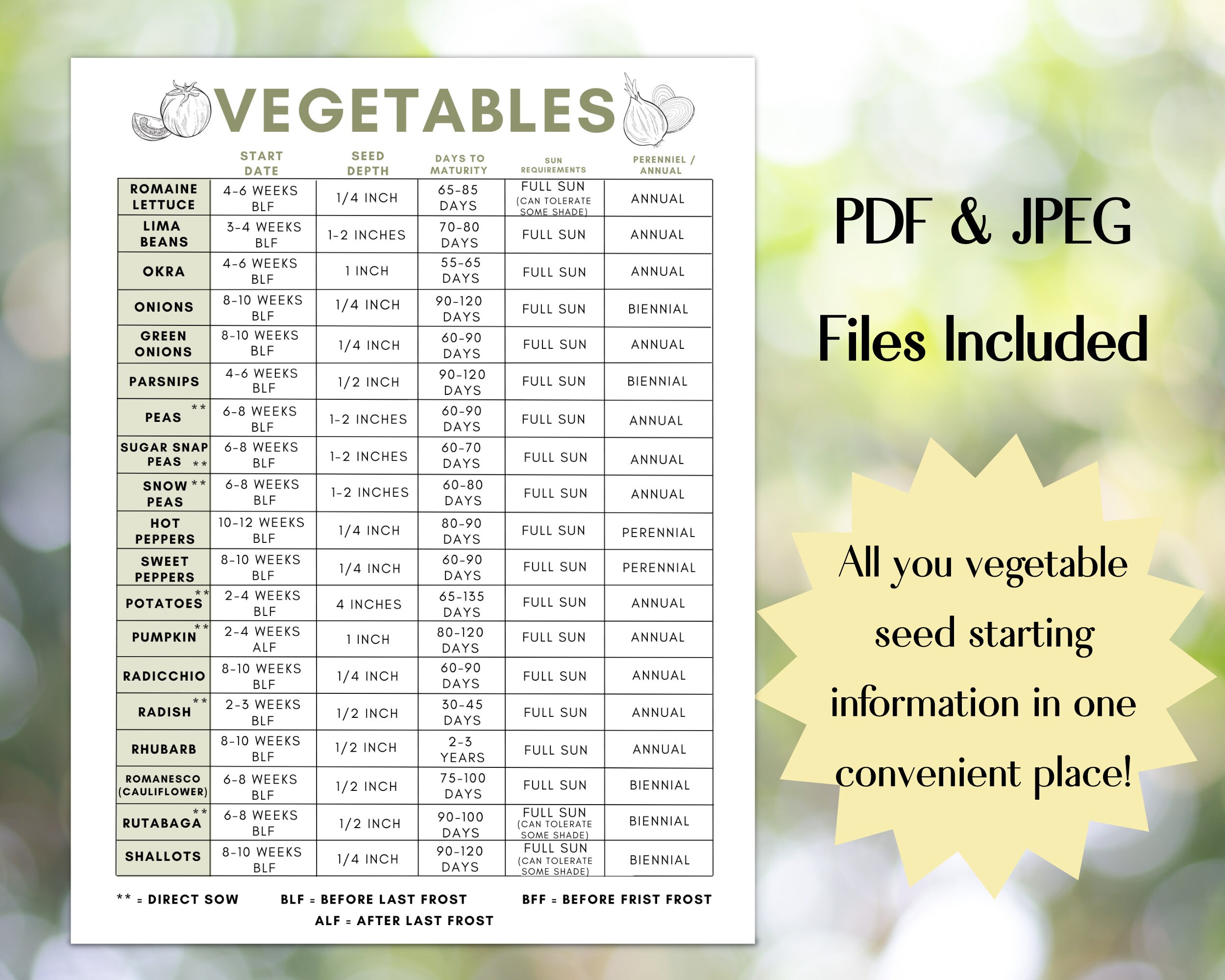 2023 Vegetable Seed Starting Cheat Sheet Guide Veggie Garden Planner ...