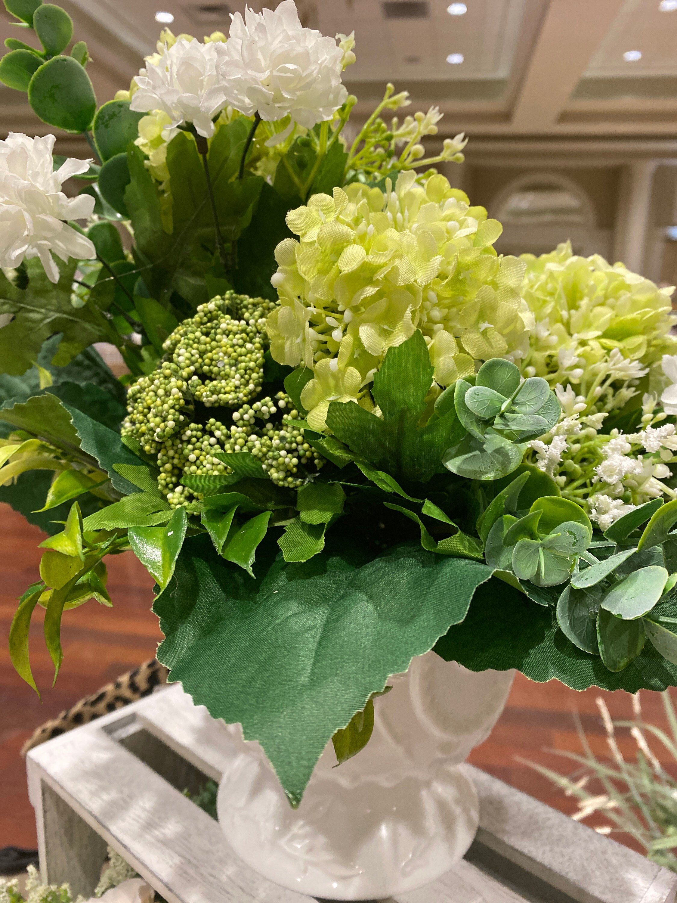 Handmade Floral Arrangement in White Vase Elegant Green and White Silk ...