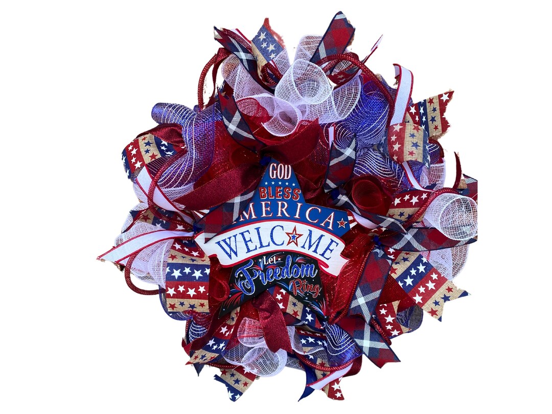 Patriotic Deco Mesh Wreath – Red White Blue Welcome Wreath With God ...