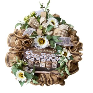 Rustic Daisy Wreath, Inspirational Sign, Handmade Burlap Mesh Wreath ...