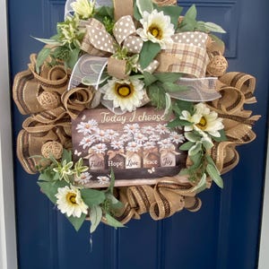 Rustic Daisy Wreath, Inspirational Sign, Handmade Burlap Mesh Wreath ...