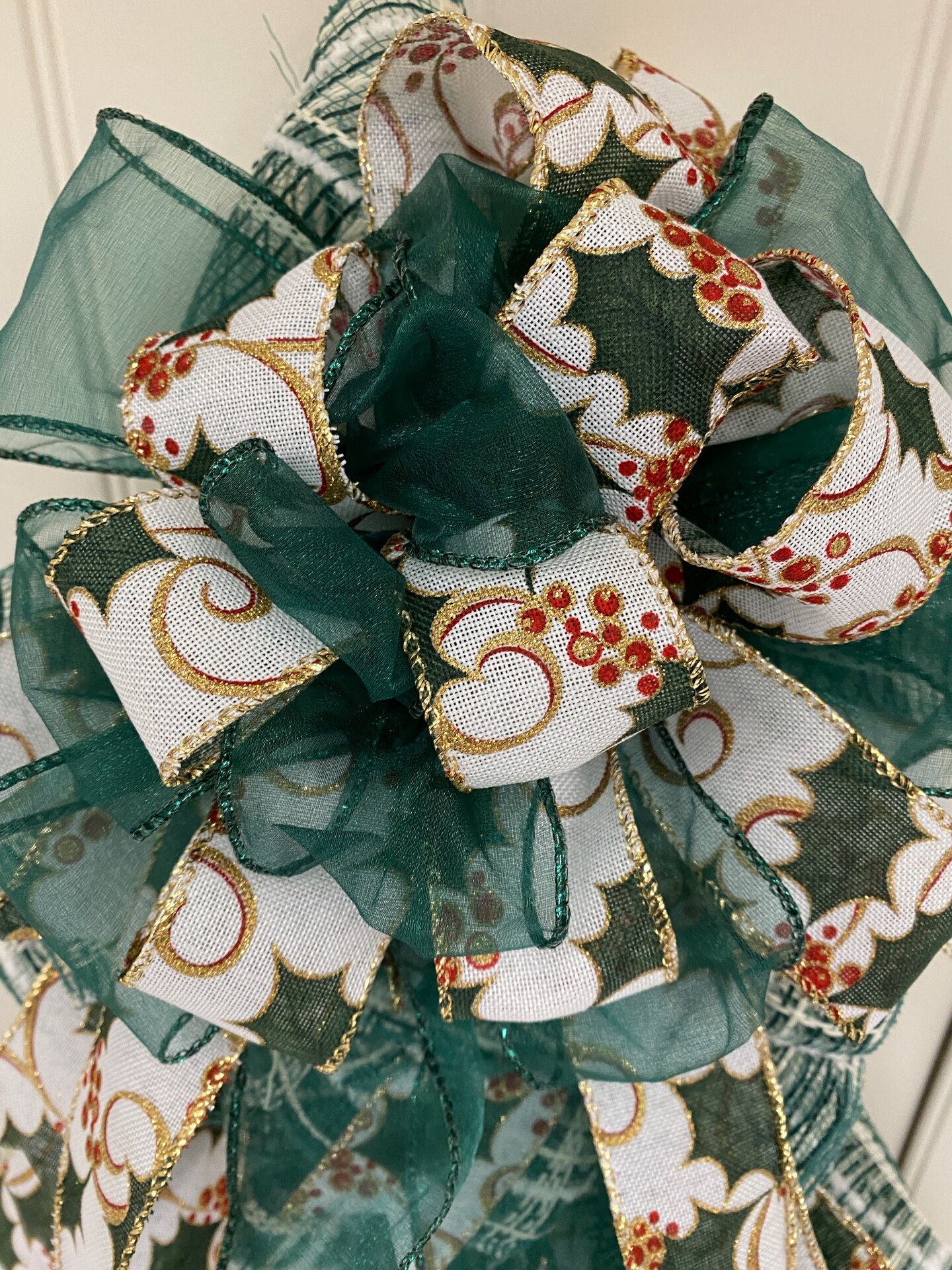 Christmas Tree Ribbon Decoration, Handmade Holiday Decor, Festive Green ...