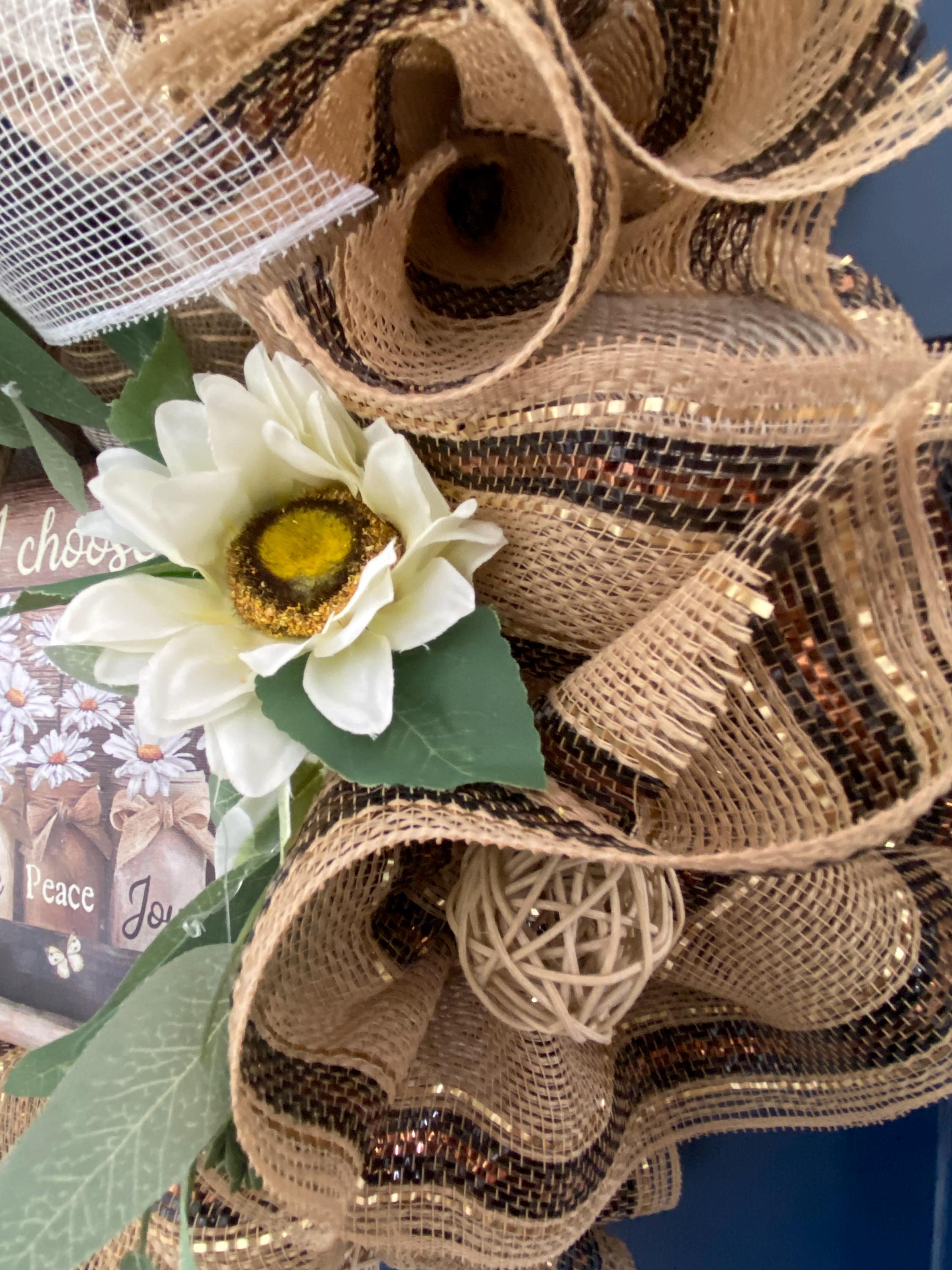Rustic Daisy Wreath, Inspirational Sign, Handmade Burlap Mesh Wreath ...