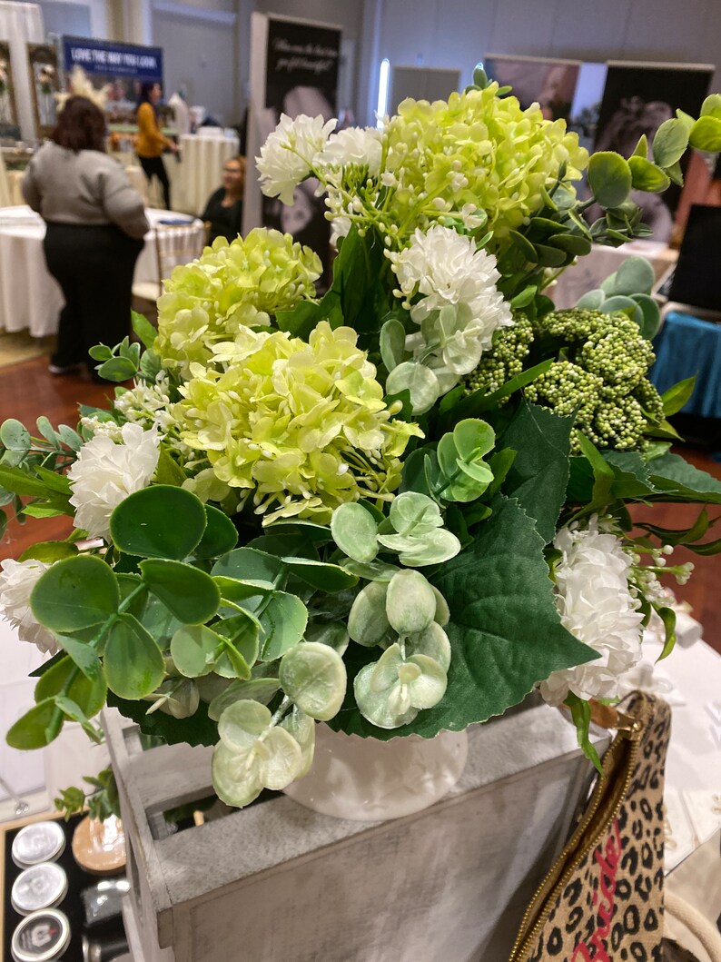 Handmade Floral Arrangement in White Vase Elegant Green and White Silk ...