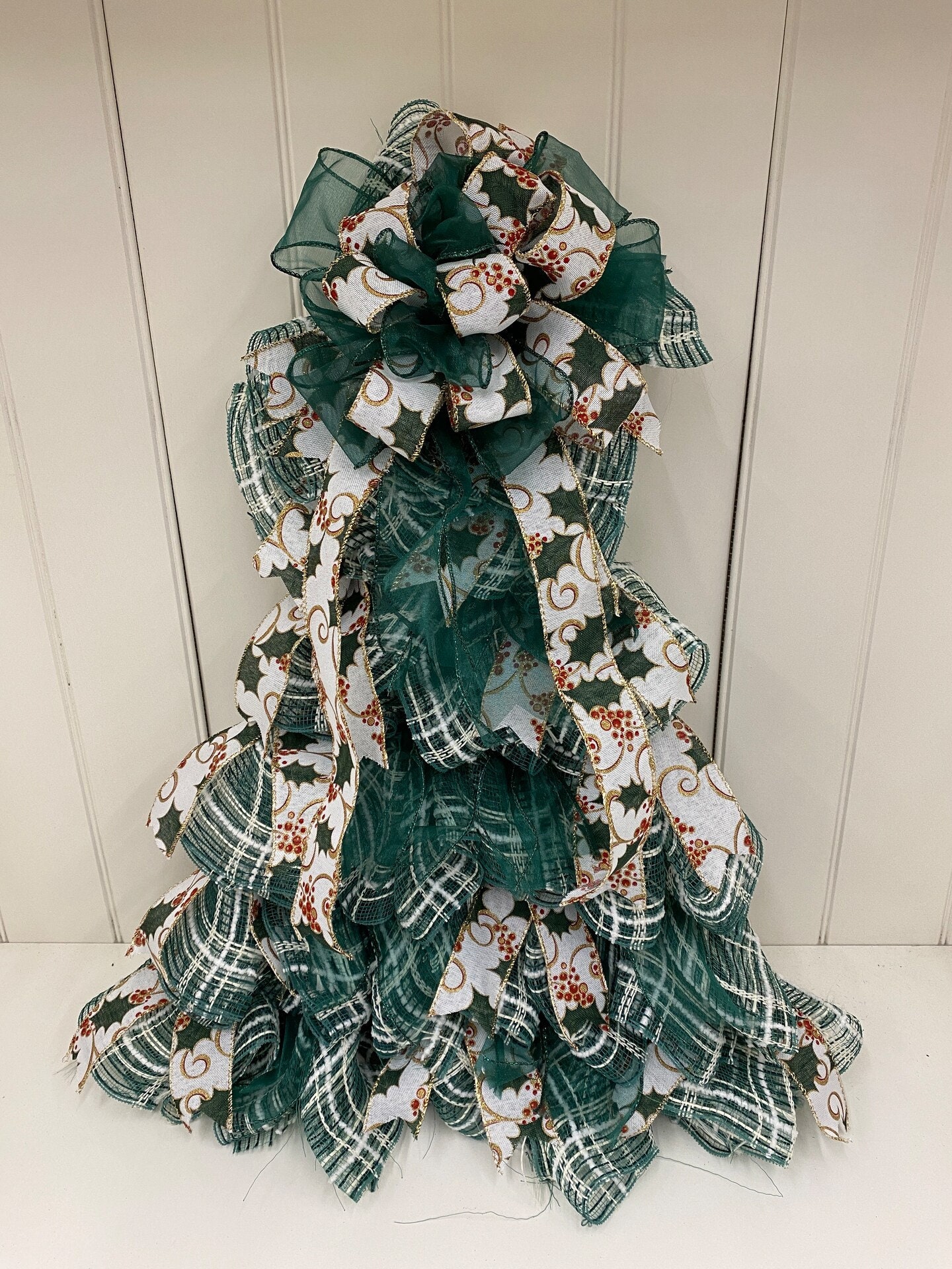 Christmas Tree Ribbon Decoration, Handmade Holiday Decor, Festive Green ...