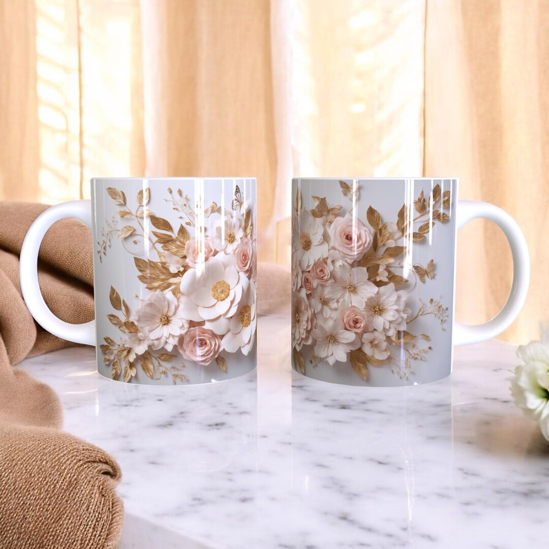 Elegant 3D Flowers Mug Gold and White Floral Mug Unique Gift for Her ...