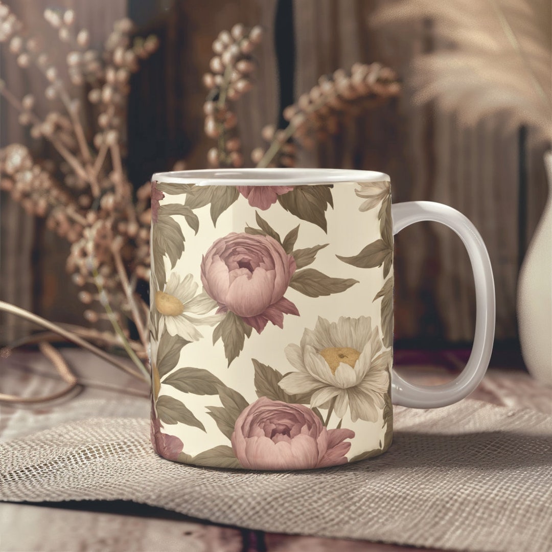 Classic Vintage Floral Mug, 3D Roses Peonies Daisies, Burgundy Dusty ...